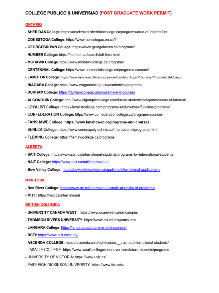 Canadian (PGWP) LIST | PDF | Canadá | Universidad