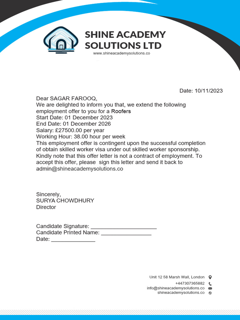 Employment Offer for Bilal Sagar | PDF