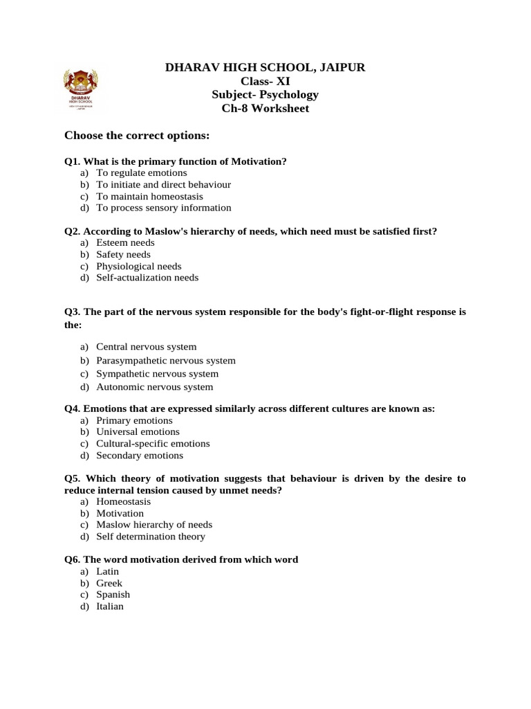 Theories of Emotion and Motivation Worksheet | PDF | Self Actualization ...