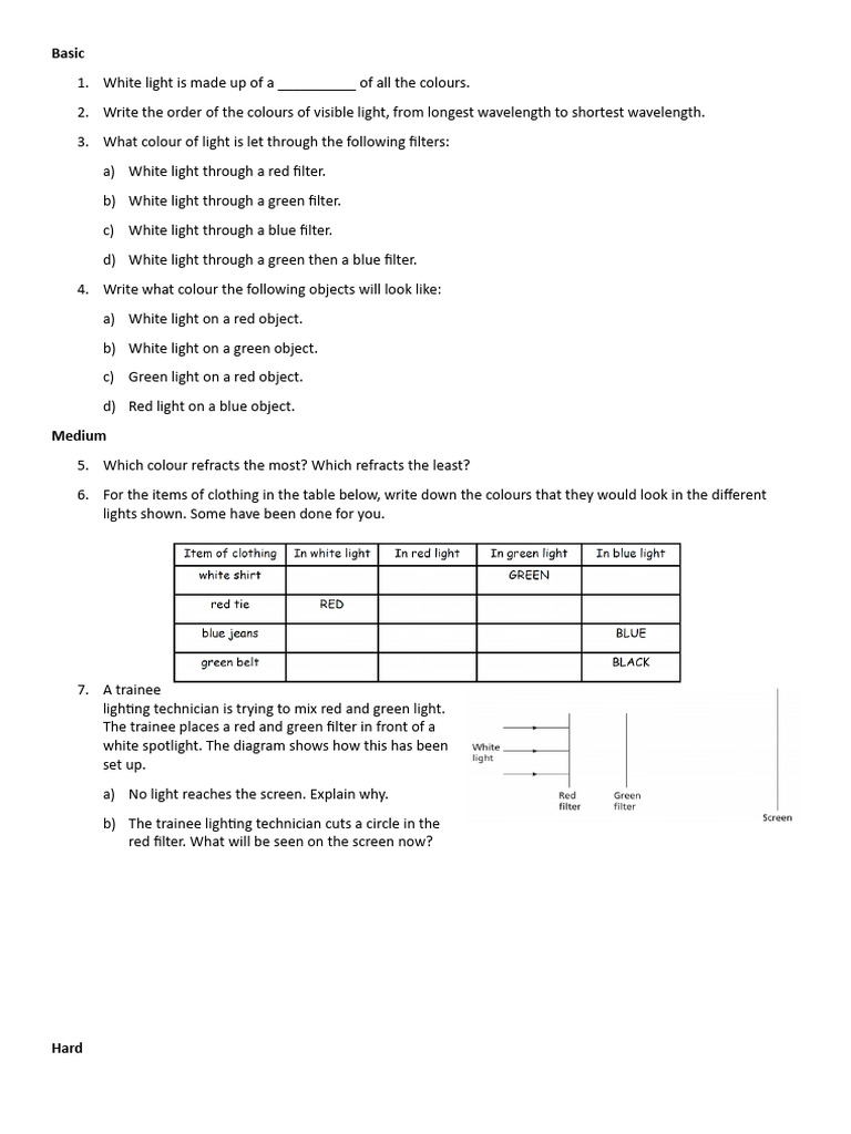 Light and Filters Worksheet | PDF | Light | Electromagnetic Spectrum