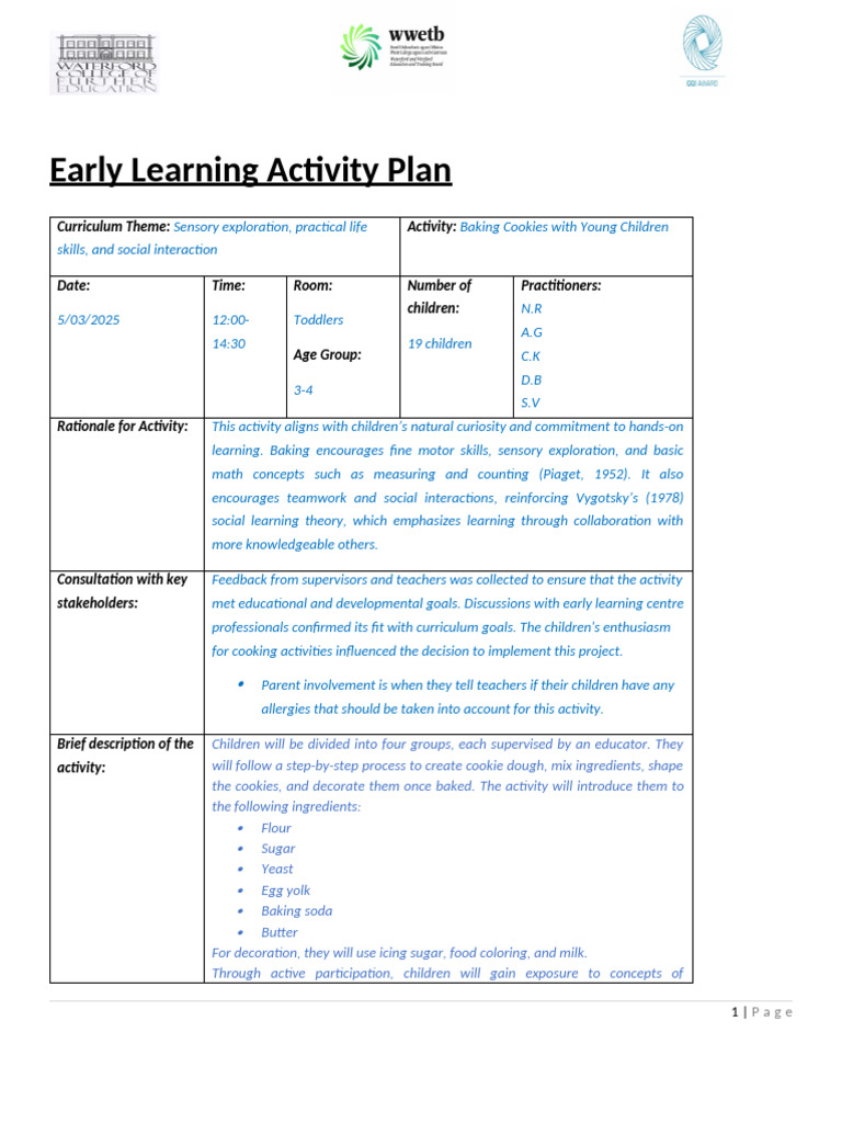 CPCS Activity Plan cookies | PDF | Learning | Early Childhood Education