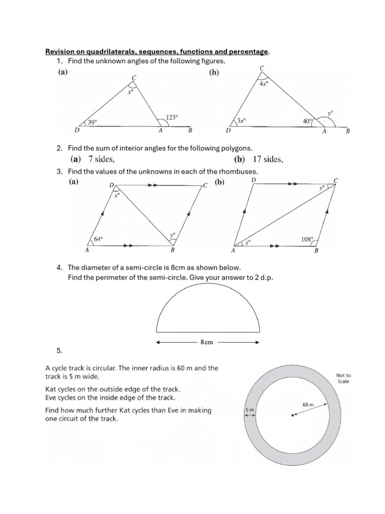 Year 7 Test On Quadrilateral, Percentage and Function | PDF