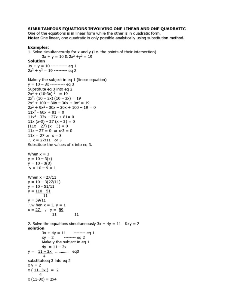 9415 - Simultaneous Equations Involving One Linear and One Quadratic | PDF | Quadratic Equation ...
