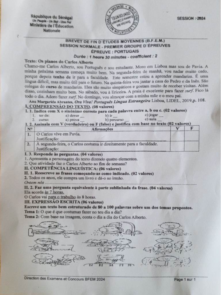 BFEM 2024 (1° Grupo) | PDF