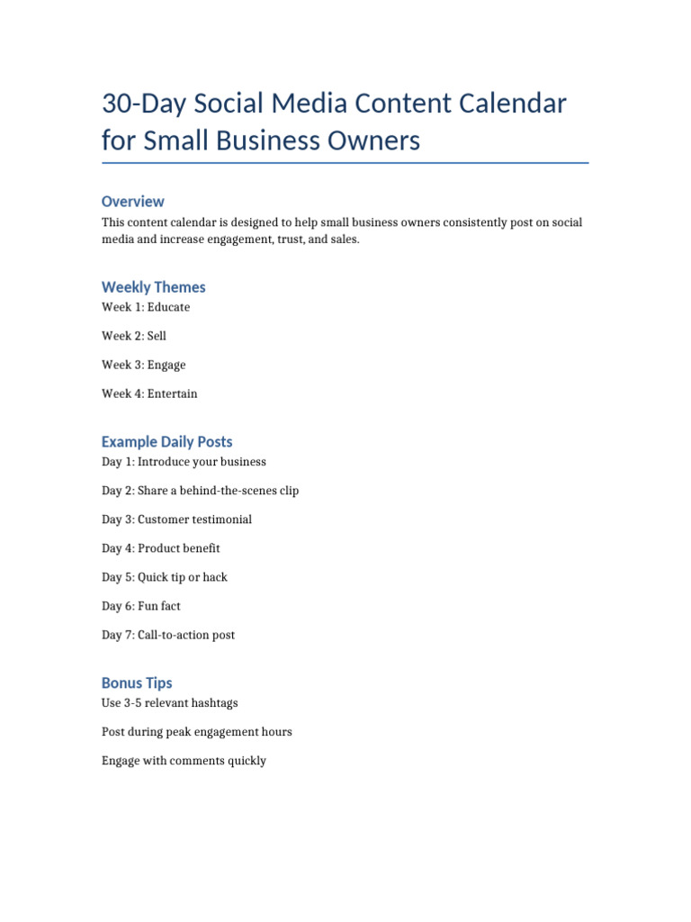 30-Day Social Media Content Calendar For Small Business Owners | PDF