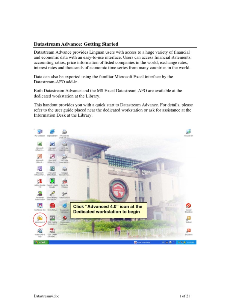 Datastream Advance: Getting Started: Click "Advanced 4.0" Icon at The Dedicated Workstation To ...