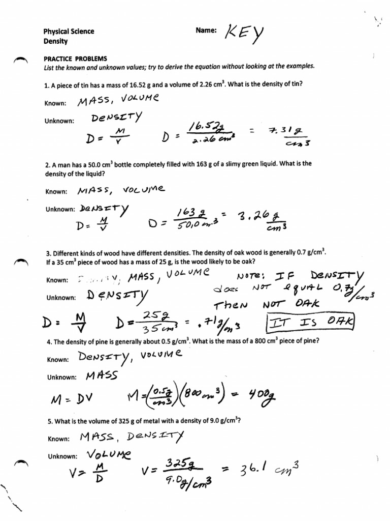 Density Worksheet #1 Key | PDF
