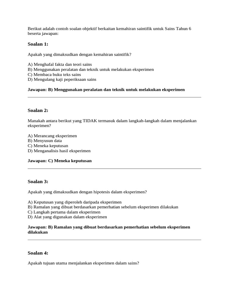 Berikut Adalah Contoh Soalan Objektif Berkaitan Kemahiran Saintifik Untuk Sains Tahun 6 Beserta ...