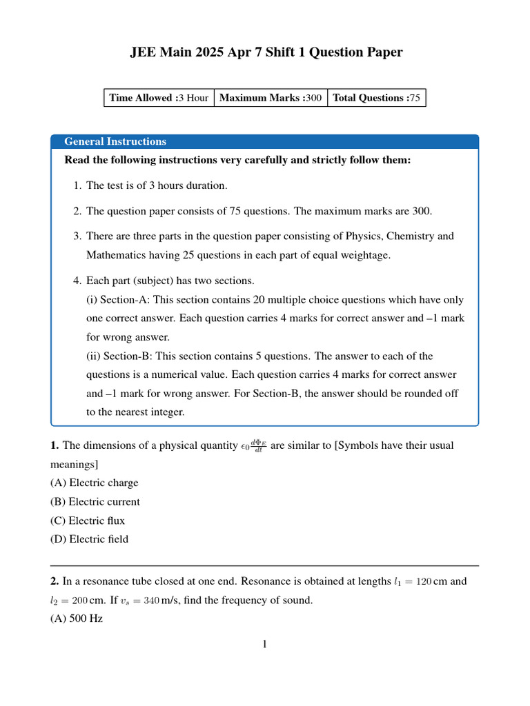 7_April_Shift_1_Question_Paper_ | PDF | Resonance
