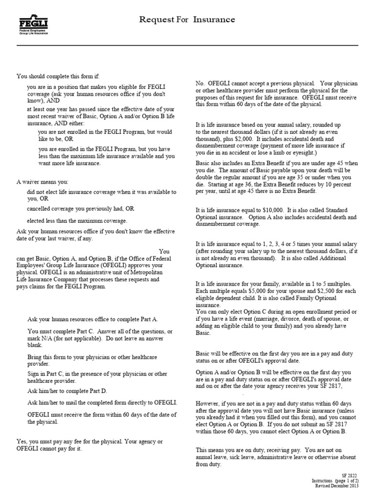 FEGLI Program SF 2822 Instructions | PDF | Medical Specialties ...