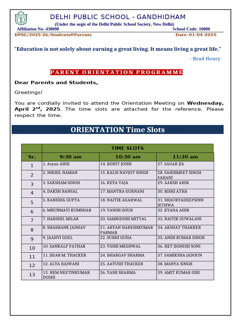 Orientation Time Slots | PDF