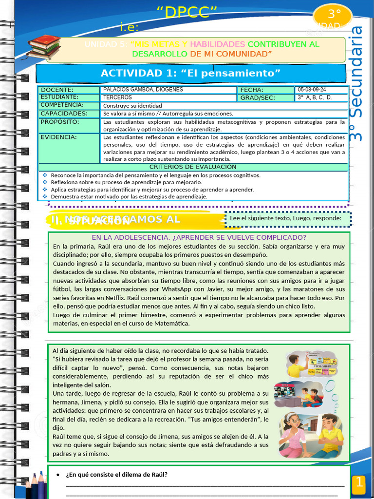 3° DPCC -ACTV.01-UNID.5 2023 | PDF | Pensamiento | Aprendizaje