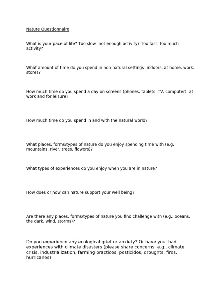 Nature and Mindfulness Questionnaire | PDF