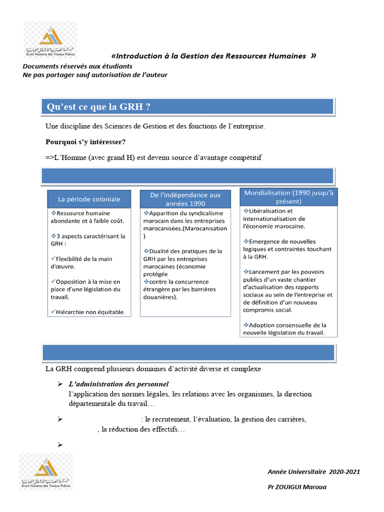 chap1Introduction à la Gestion des Ressources Humaines | PDF