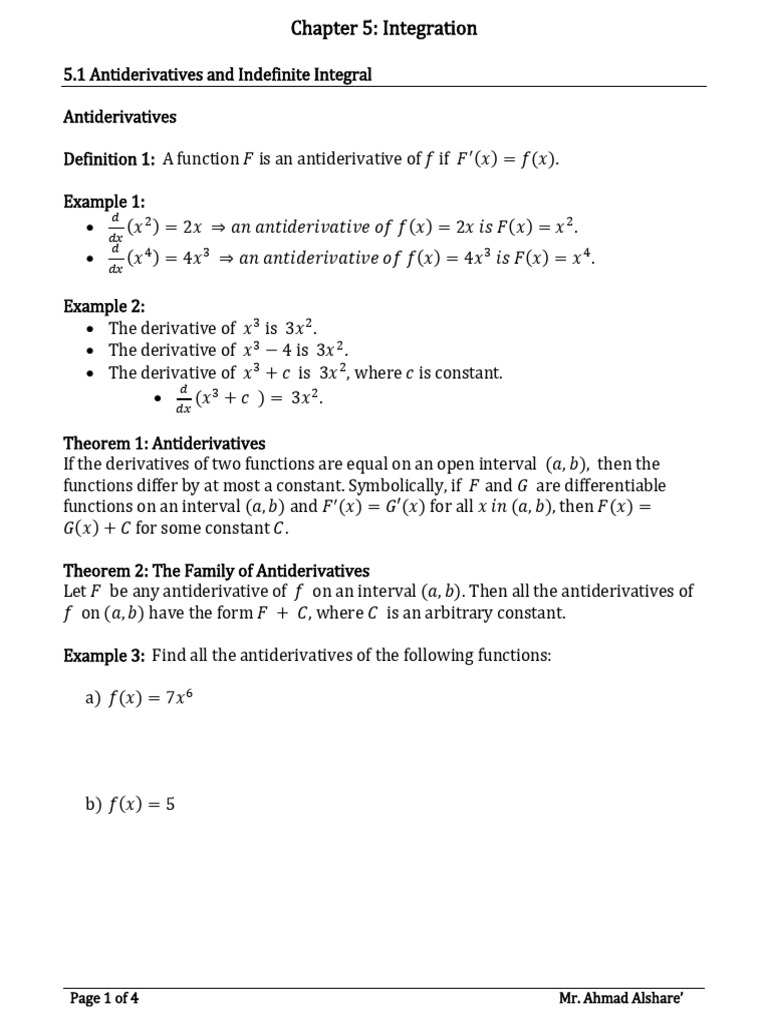 5.1 Antiderivatives and Indefinite Integral | PDF | Analysis ...