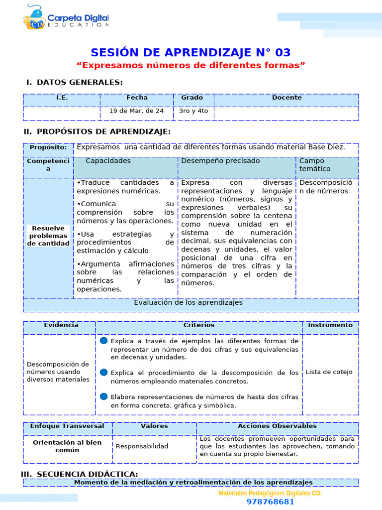 SESIÓN 3 - EXPRESAMOS UN NÚMERO DE DIFERENTES FORMAS - IV CICLO (1 ...