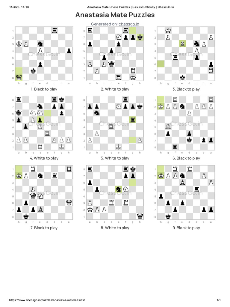 Anastasia Mate Chess Puzzles - Easiest Difficulty - ChessGo - in | PDF ...