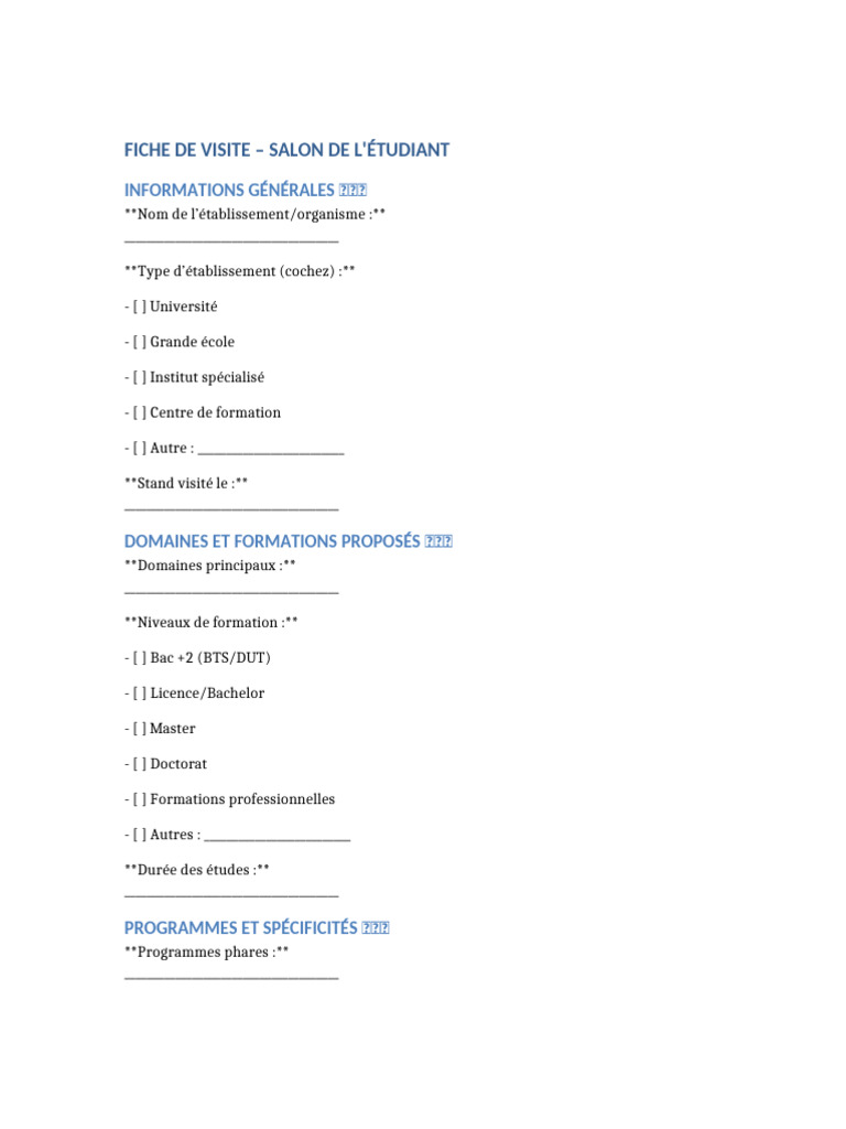 Fiche de Visite Salon de L Etudiant | PDF