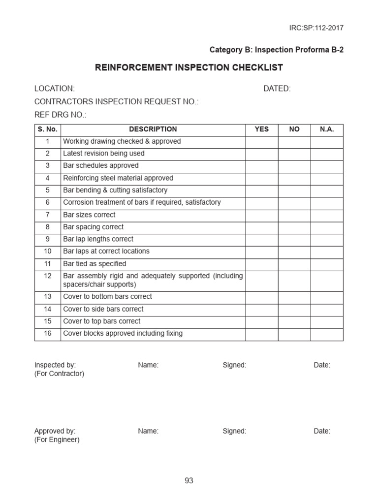 Reinforcement Inspection Checklist | PDF
