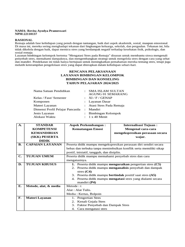 RPL BKP - TOPIK ATASI STRES PADA REMAJA - Revita Ap | PDF