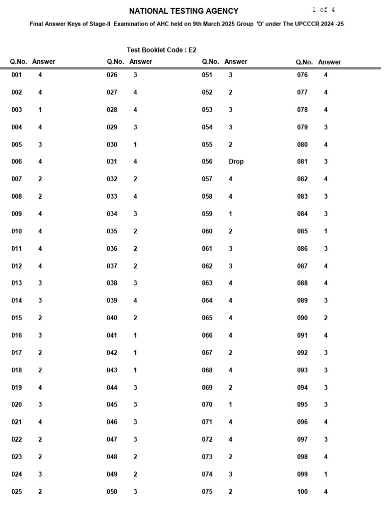 Answer Keys Group-D Stage-II 16-04-2025 | PDF