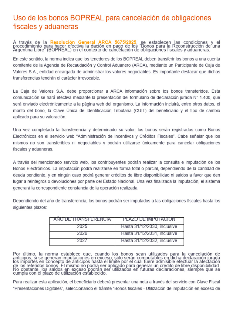 Bonos BOPREAL para obligaciones fiscales | PDF