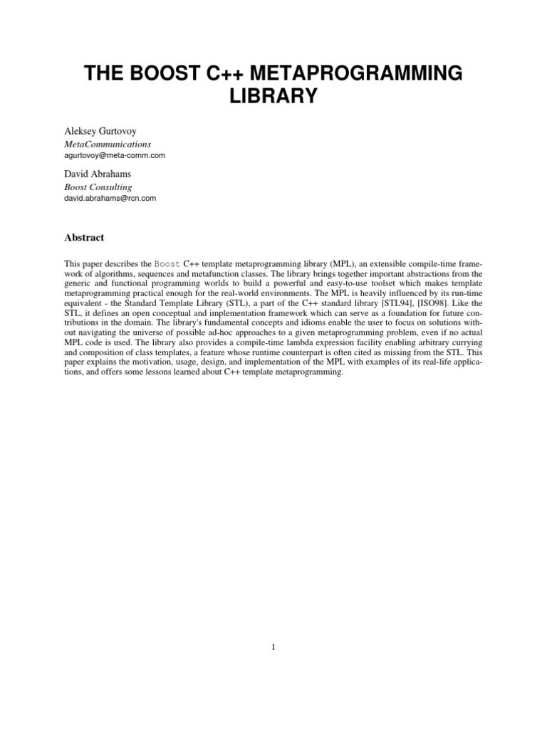 The Boost C++ Metaprogramming Library: Aleksey Gurtovoy | PDF | C++ | Parsing