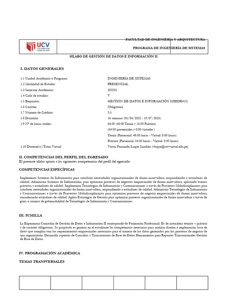 Silabo Datos2 2025-1 | PDF | Bases de datos | Servidor SQL de Microsoft