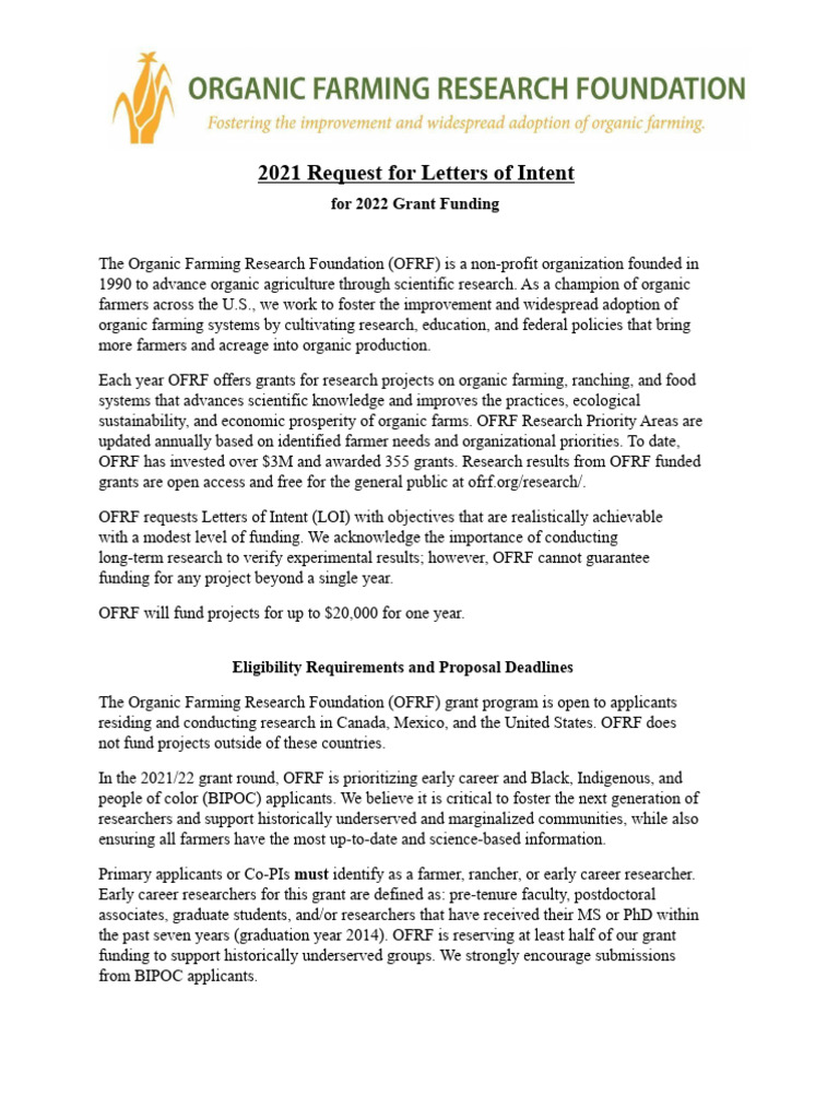 2021 OFRF Grant Funding LOI Request | PDF | Organic Farming | Climate ...