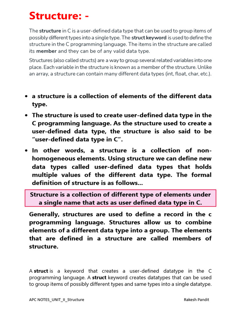 Unit 2 Structure Notes APC | PDF | Pointer (Computer Programming ...