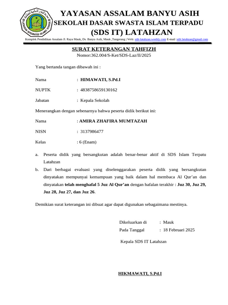 Surat Keterangan Tahfidz Amira | PDF