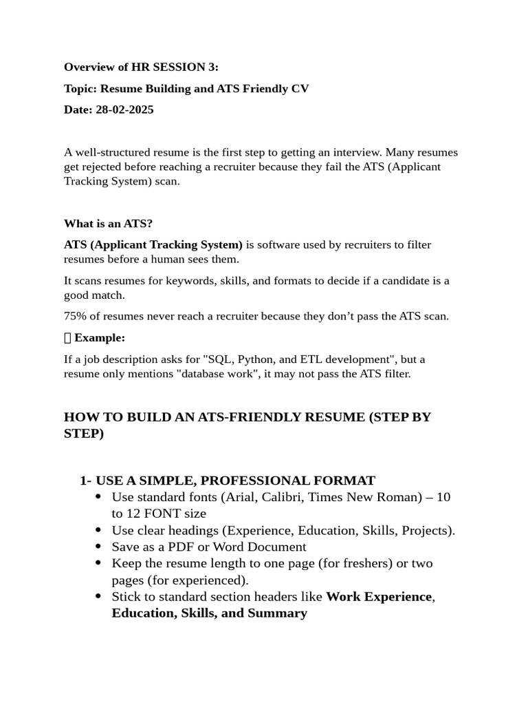 Overview of HR SESSION 3- ATS friendly Resume Building | PDF