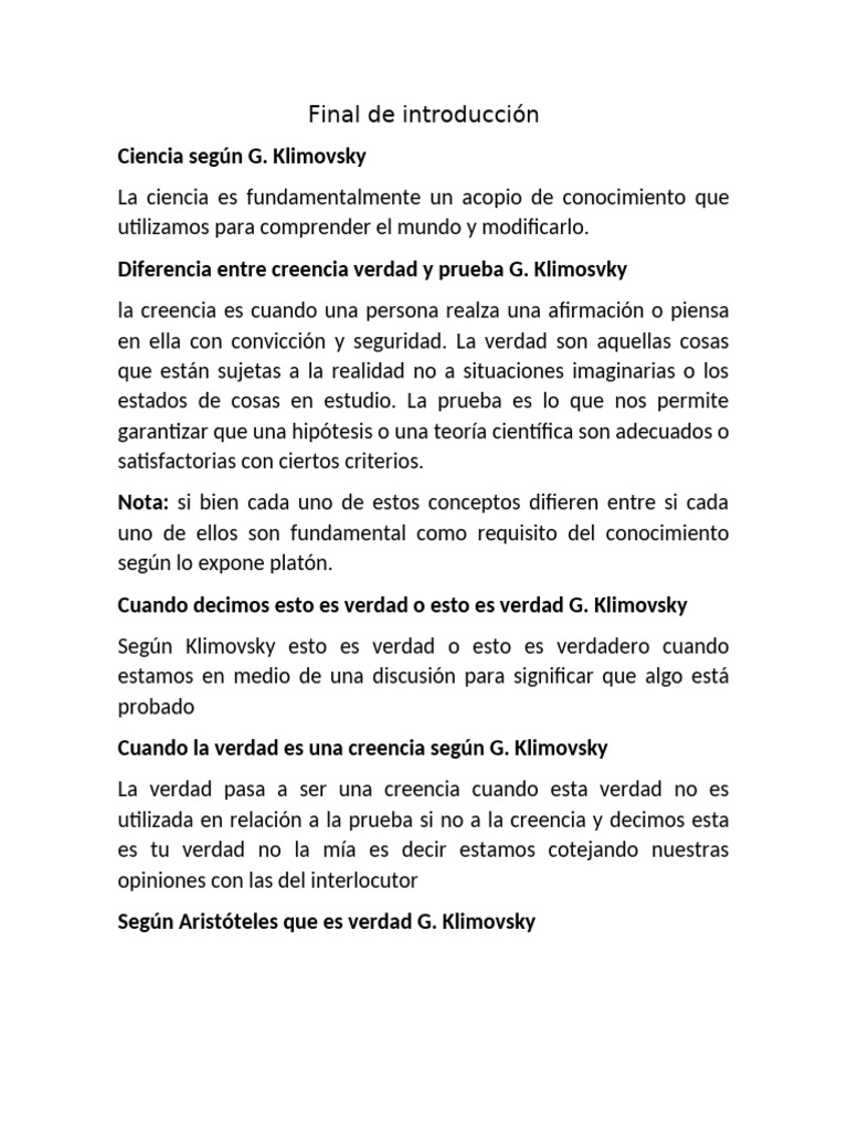 G Klimovsky | PDF | Verdad | Conocimiento