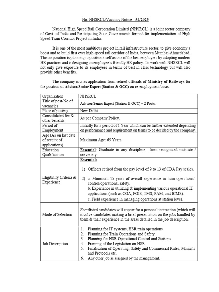 Vacancy Notice No.54-2025-Advisor, Senior Expert (Station & OCC) | PDF ...