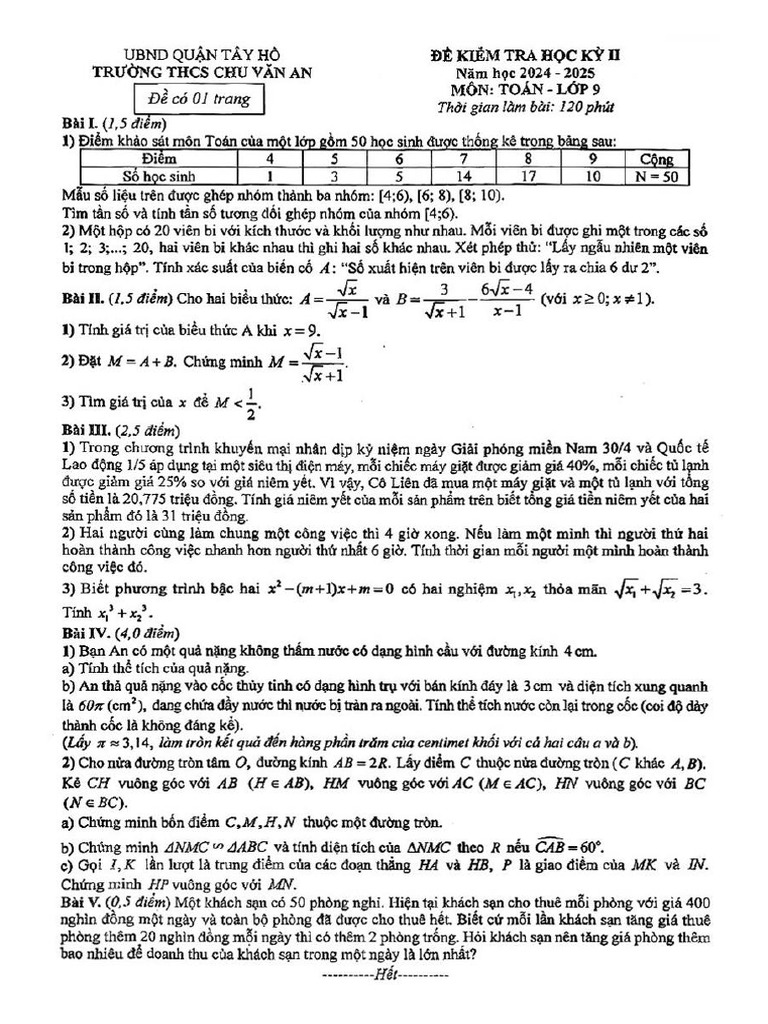 De Hoc Ky 2 Toan 9 Nam 2024 2025 Truong Thcs Chu Van An Ha Noi | PDF