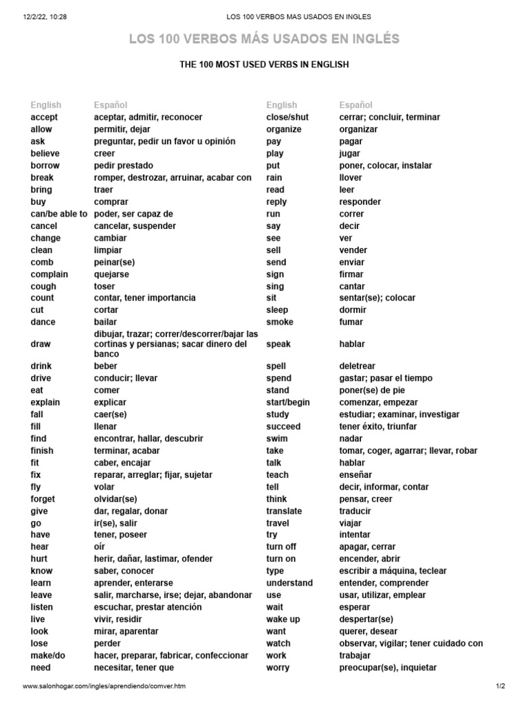 Los 100 Verbos Mas Usados en Ingles | PDF
