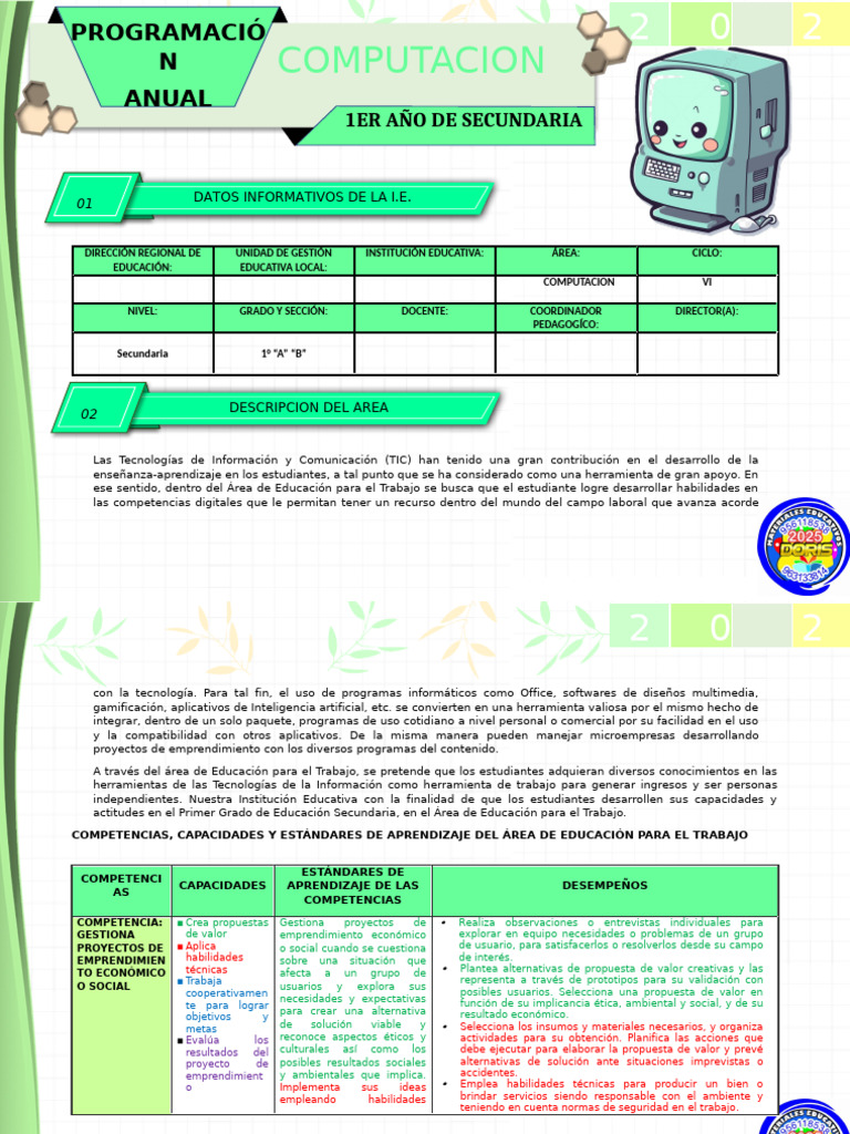 Programación Anual 1º Ept Computacion 2025 | PDF | Evaluación | Microsoft PowerPoint