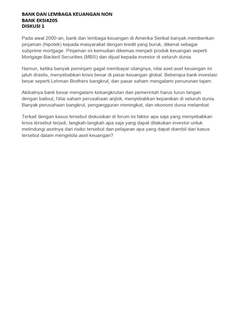 Diskusi 1 - (Eksi4205) Bank & Lembaga Non Bank | PDF