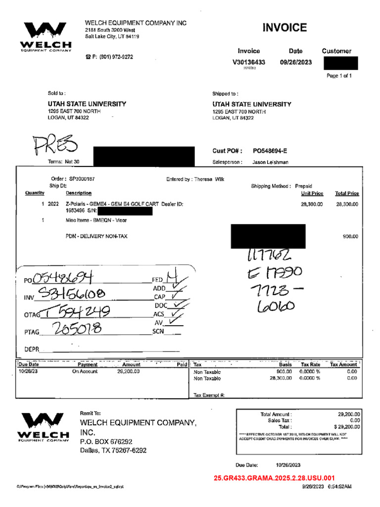 The Receipt For A New Golf Cart For USU's President | PDF