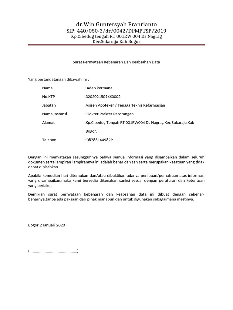 Surat Pernyataan Kebenaran Dan Keabsahan Data | PDF