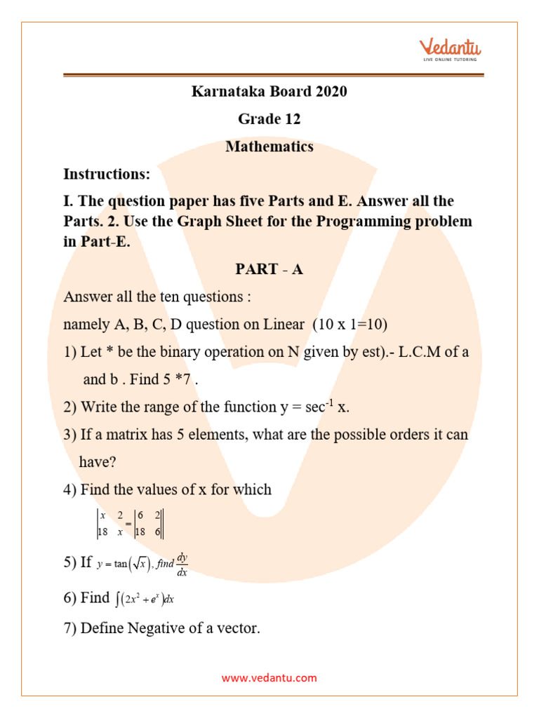 Karnataka Class 12 Maths Question Paper 2020 | PDF | Trigonometric ...