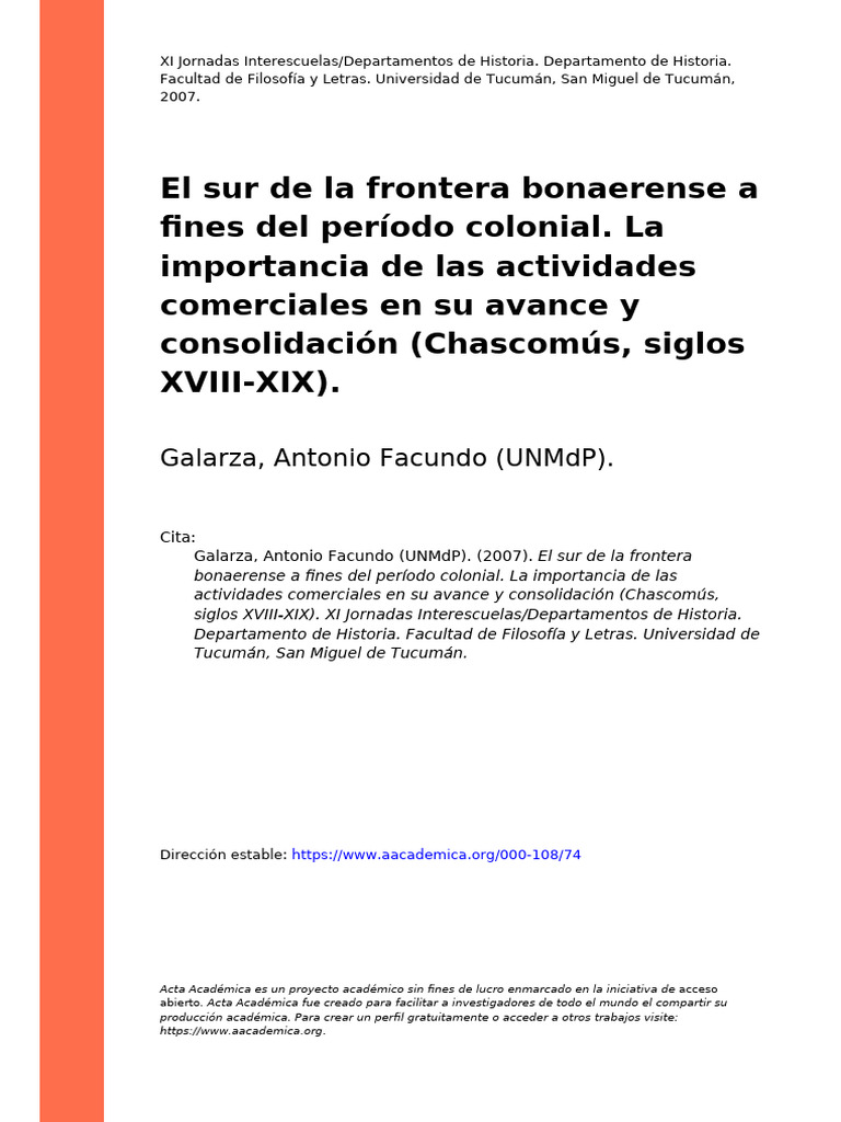 Galarza, Antonio Facundo (UNMdP). (2007). El Sur de La Frontera Bonaerense a Fines Del Período ...