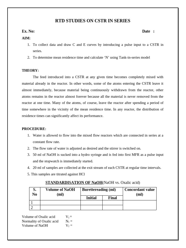 Ex10 - RTD in CSTR in Series | PDF | Chemical Engineering