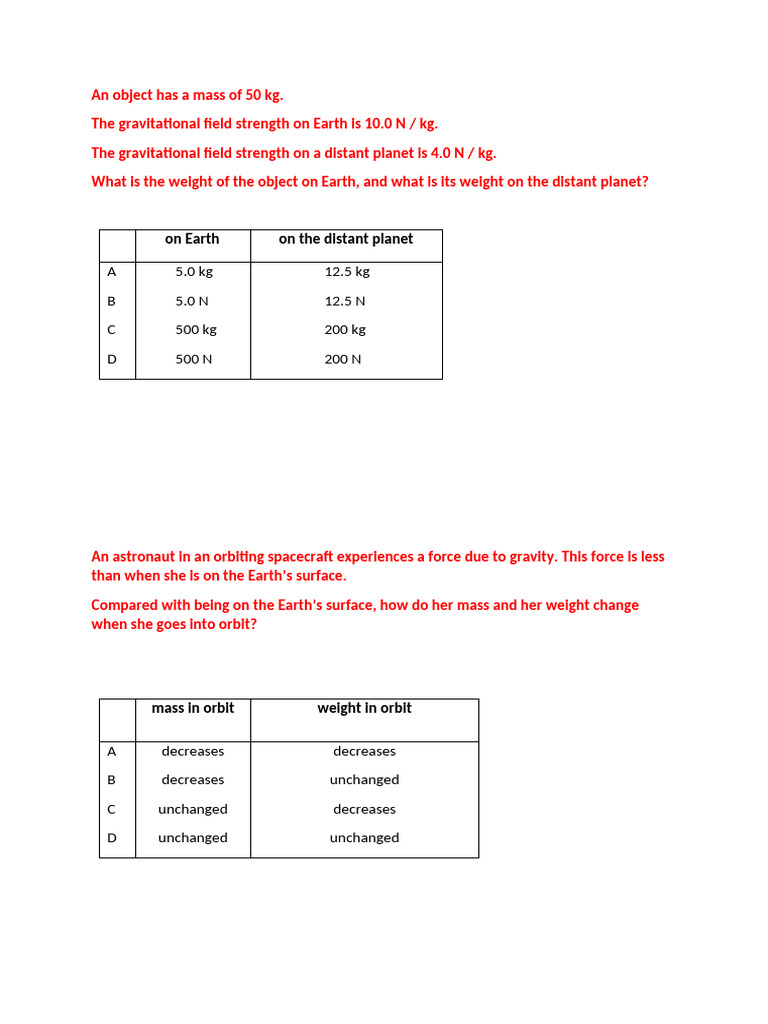 Practice Test - Mass&weight | PDF | Weight | Mass