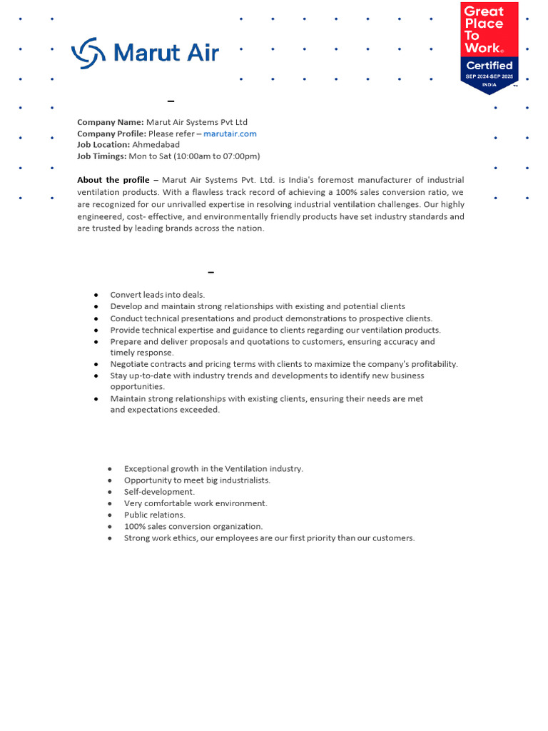 Sales Engineer - Marut Air Systems Pvt. Ltd. | PDF