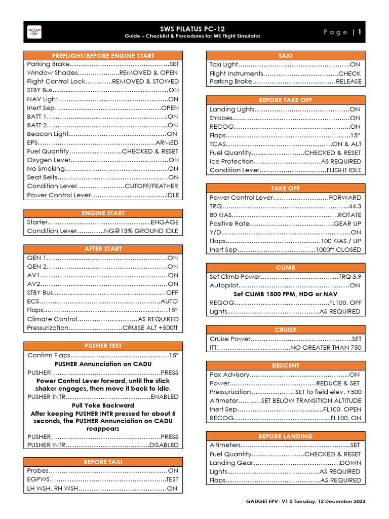 Checklist - SWS Pilatus PC12 | PDF | Aviation | Aviation Safety
