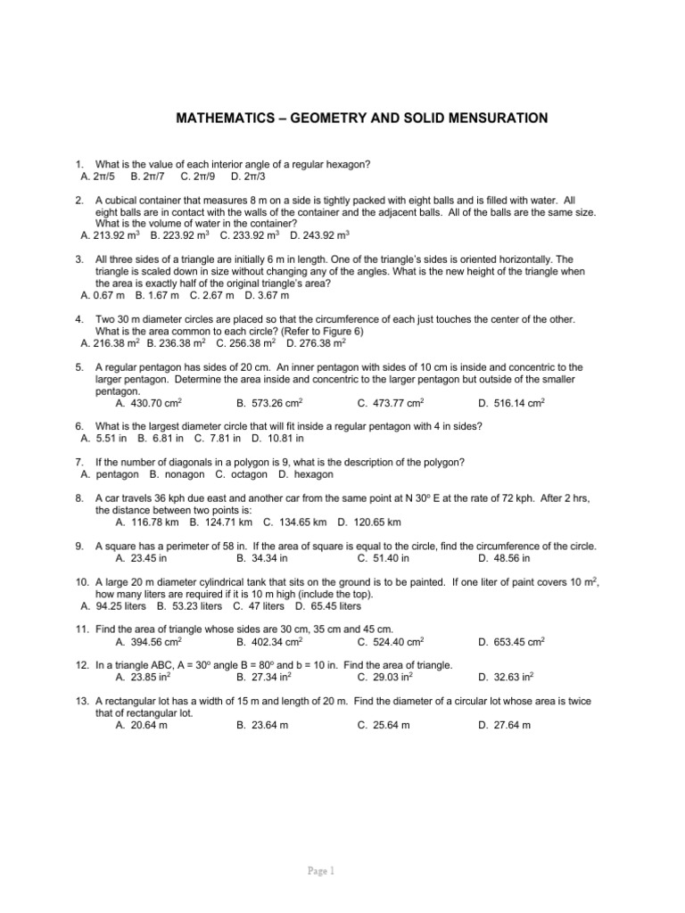Problem Set 2. Geometry and Solid Mensuration | PDF | Area | Circle