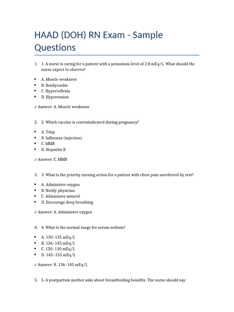HAAD RN Sample Questions | PDF