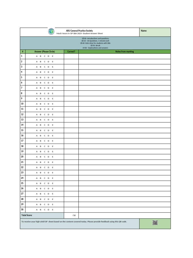 GP SOC - Mock Neuro SBA - STUDENT ANSWER SHEET | PDF
