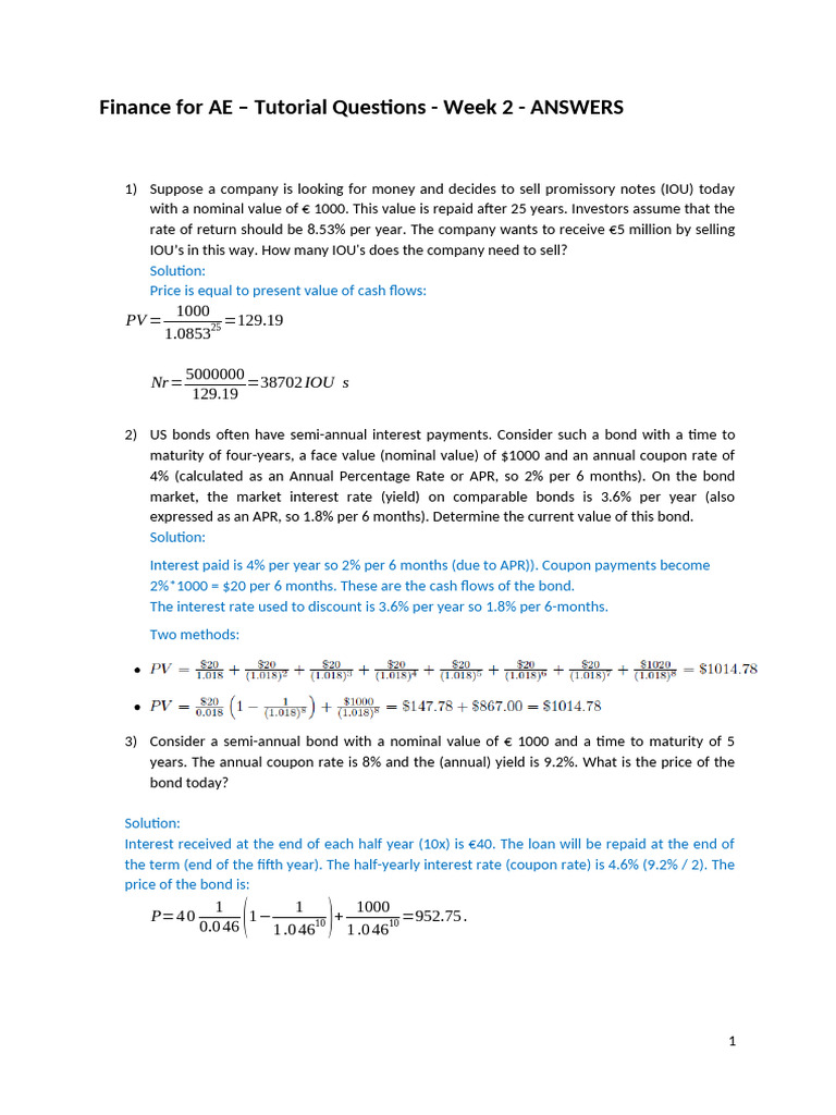 Finance AE - Week 2 Questions and Answers | PDF | Bonds (Finance) | Discounting